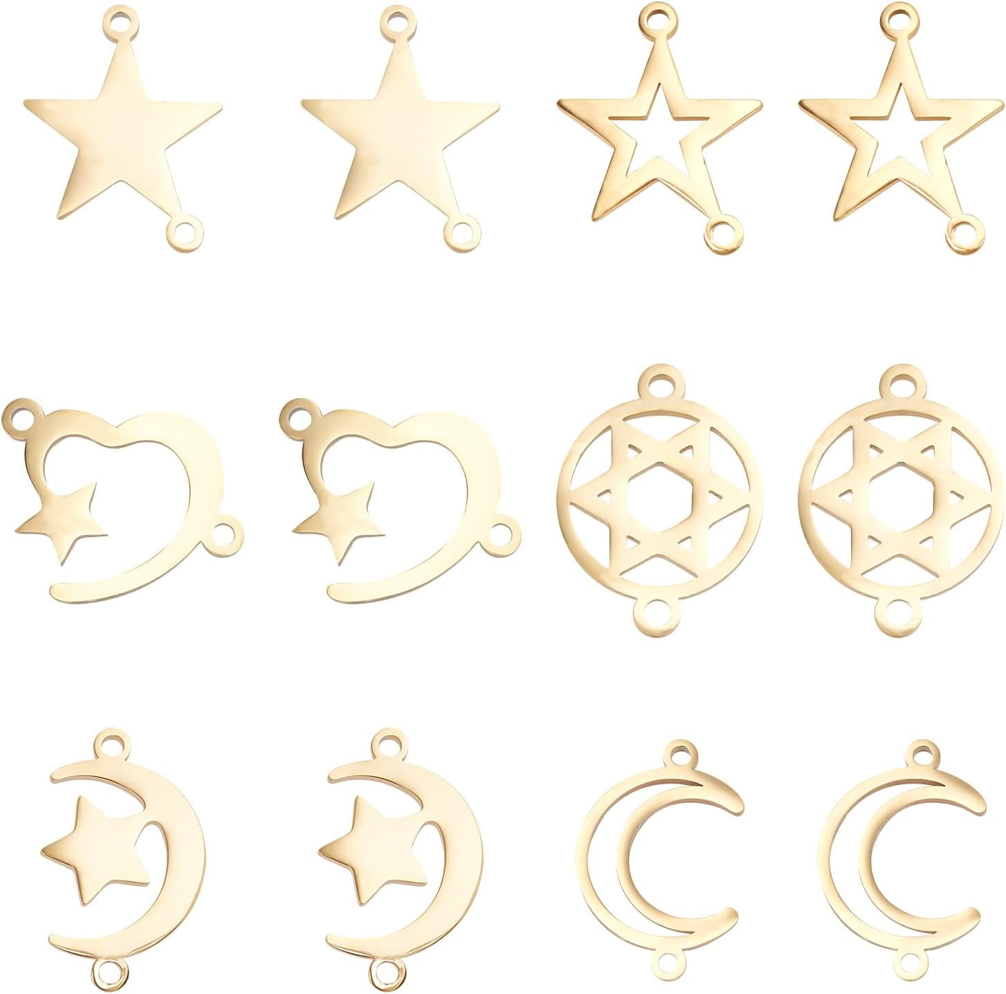 12Pcs 6 Style Golden Moon/Star/Heart/Flat Round Links Connectors Charms ...