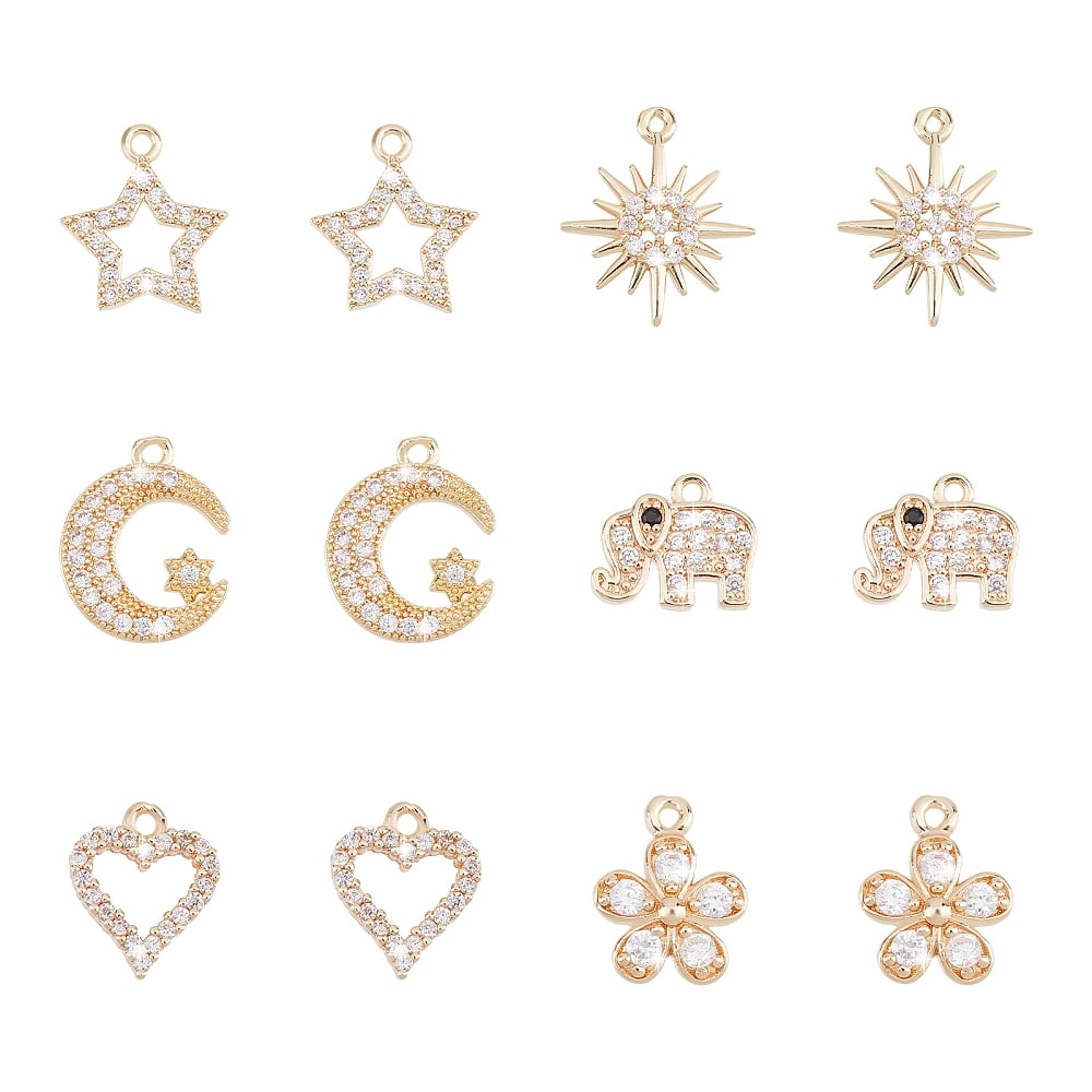 12Pcs 6 Style Rack Plating Brass Micro Pave Cubic Zirconia Charms Long ...