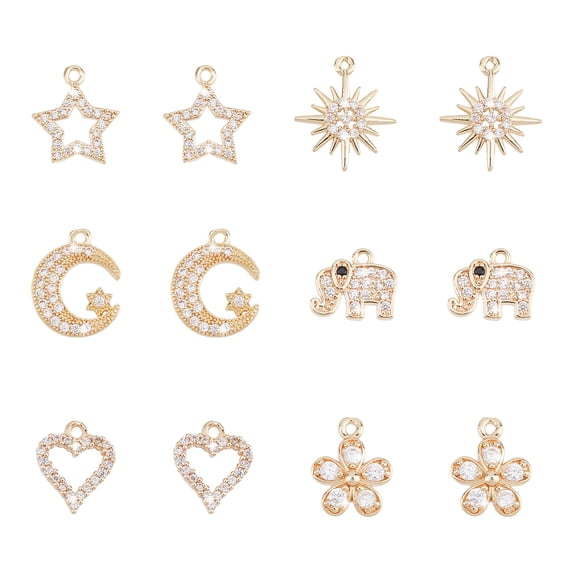 12Pcs 6 Style Rack Plating Brass Micro Pave Cubic Zirconia Charms Long ...