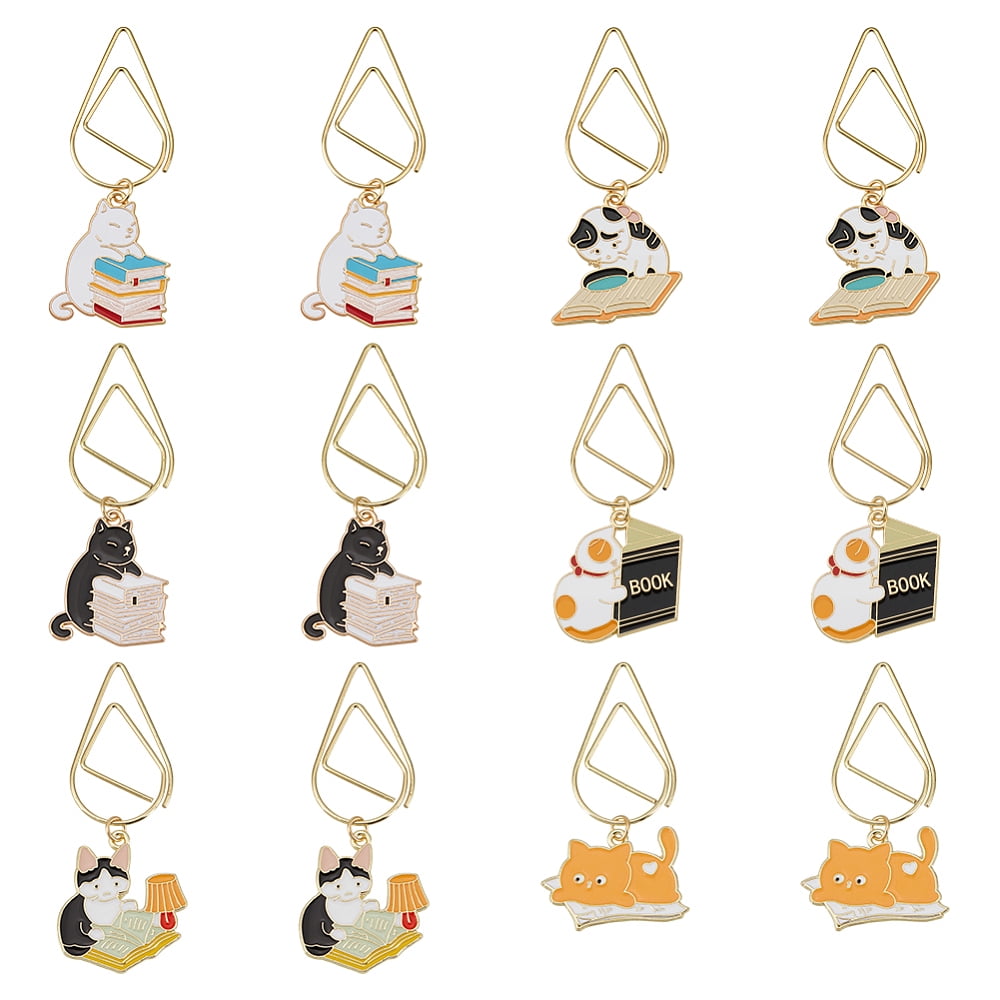 12Pcs 6 Styles Carbon Steel Paper Clips with Cat Alloy Enamel Pendant ...