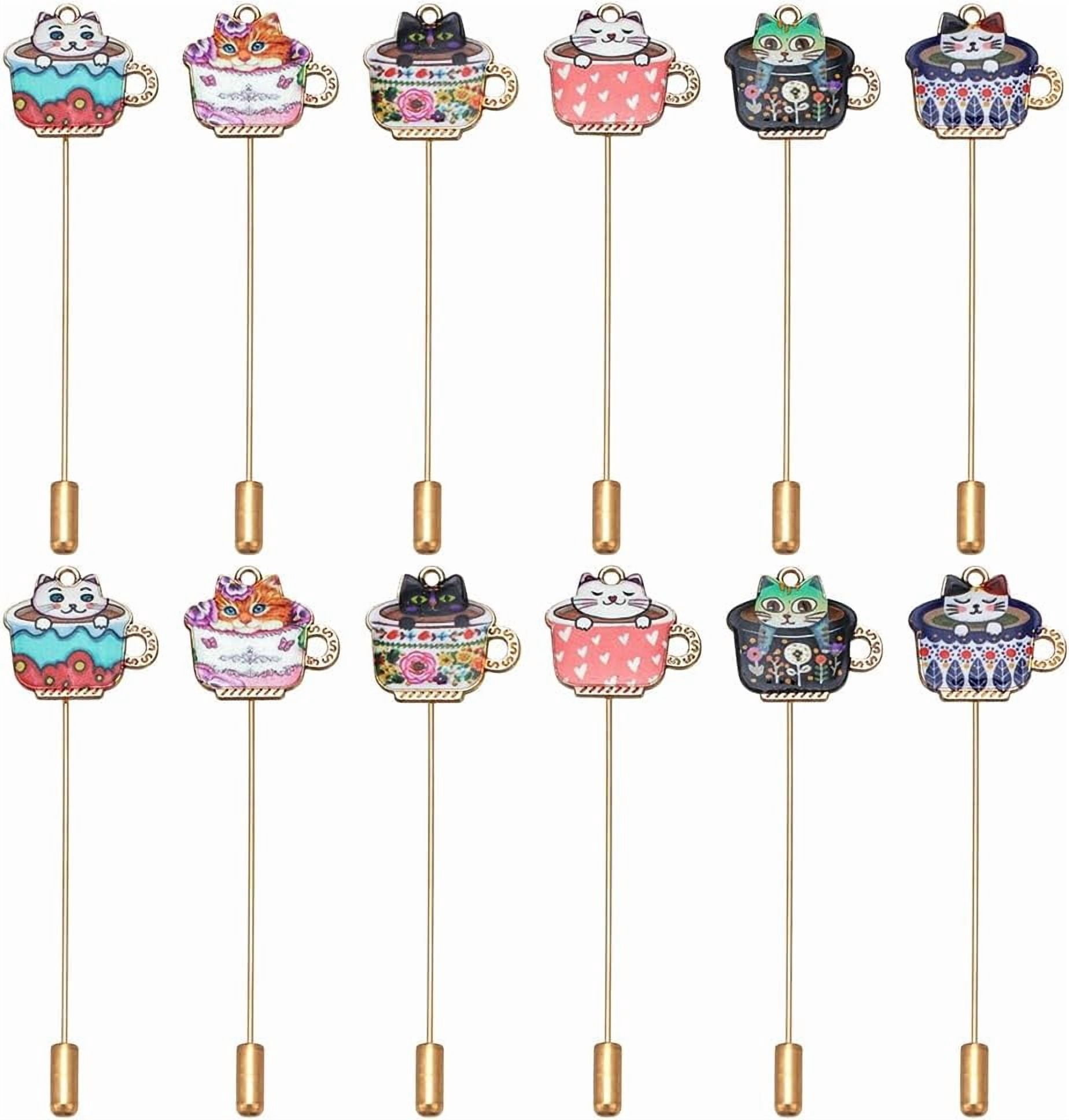 12Pcs 6 Styles Cat in the Cup Alloy Lapel Pins with Alloy Enamel ...
