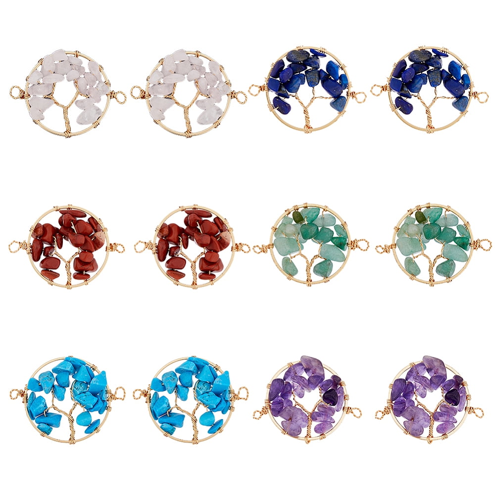 12Pcs 6 Styles Mixed Chip Tree of Life Connector Charms Flat Round ...