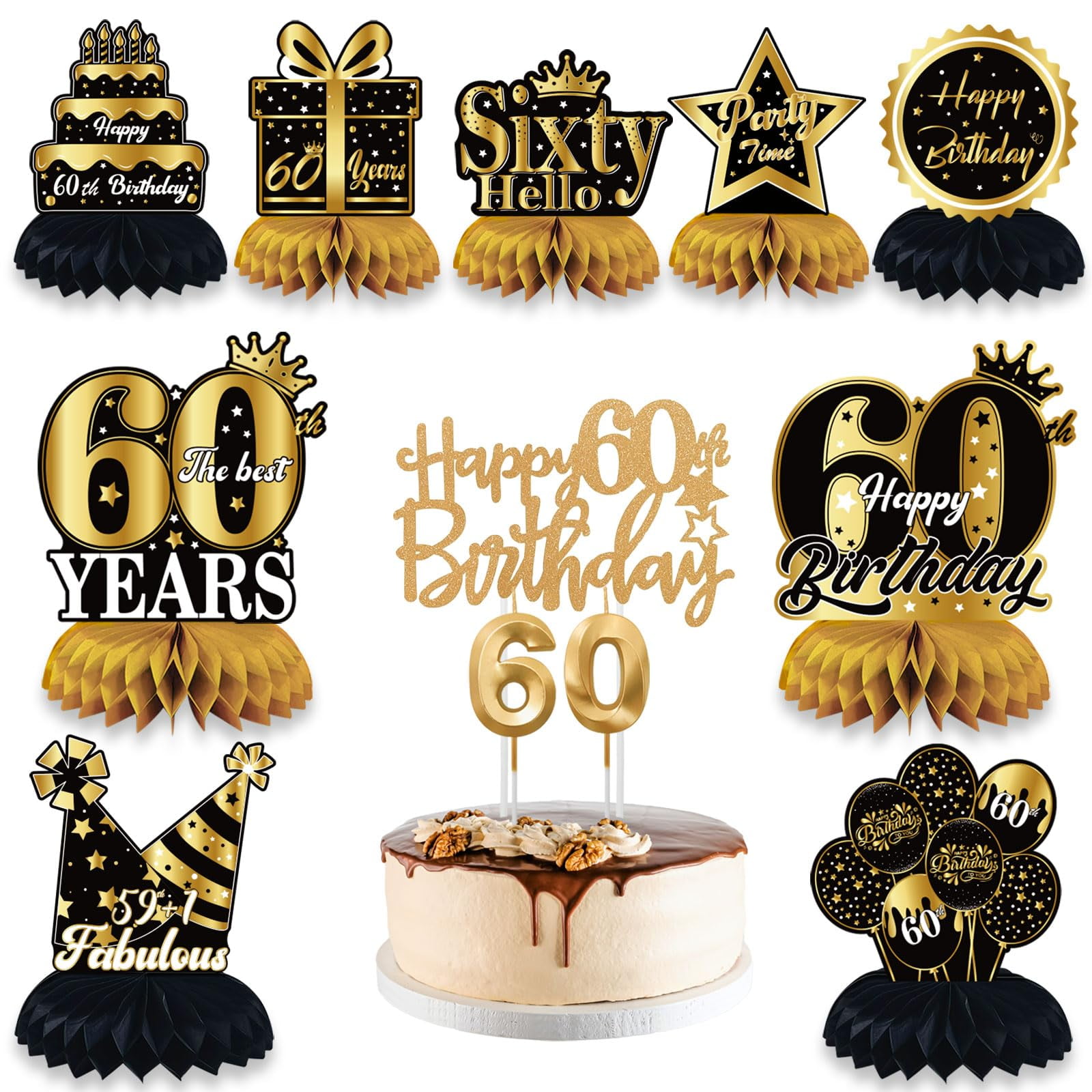 12Pcs 60th Birthday Party Decorations, 1964 Black Gold Table ...