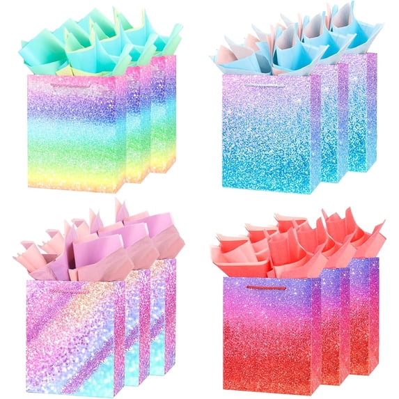 12Pcs 9'' Gift Bags Medium Size Gift Bags with Tissue paper Rainbow ...