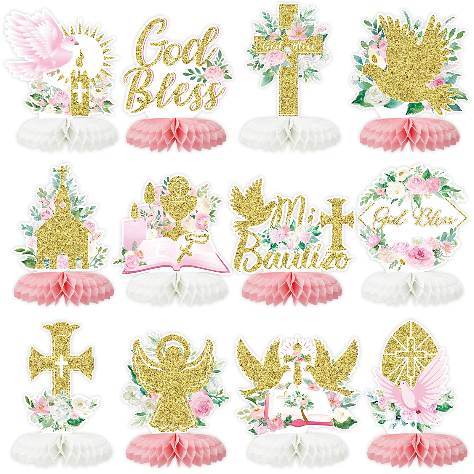 12Pcs Baptism Honeycomb Centerpieces Party Decor,Pink God Bless Cross ...