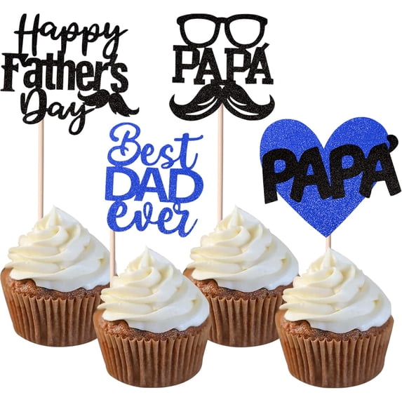 12Pcs Black & Blue Glitter Father's Day Cupcake Toppers, Papa & Best ...