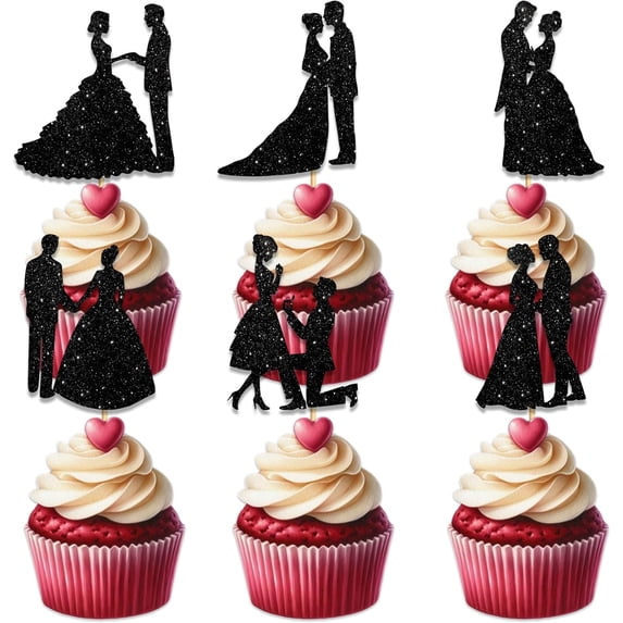 12Pcs Black Glitter Bride Groom Cupcake Toppers, Wedding Couple ...