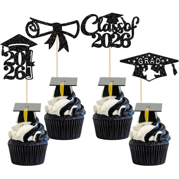 12Pcs Black Glitter Class of 2026 Graduation Cupcake Toppers, Grad Cap ...