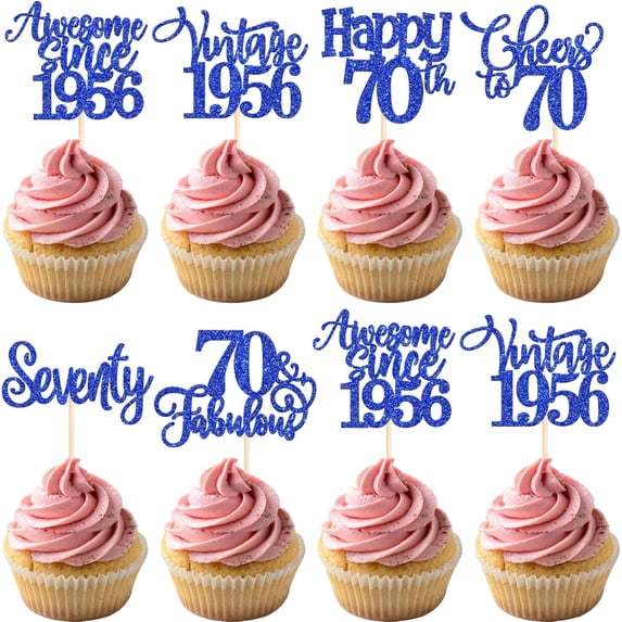 12Pcs Blue Glitter 70th Birthday Cupcake Toppers, Vintage 1956 Cheers ...