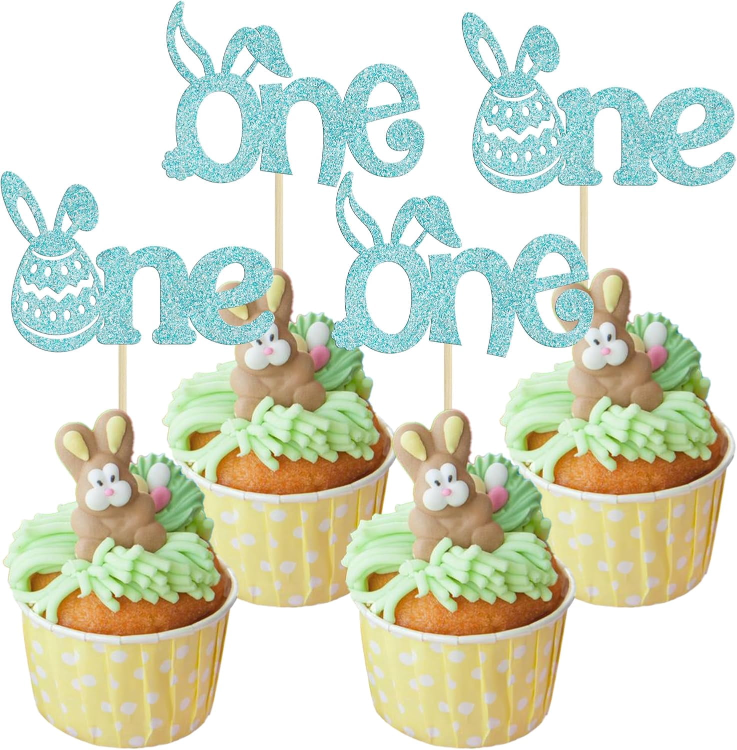 12Pcs Blue Glitter Easter 1st Birthday Cupcake Toppers, Bunny Egg One ...