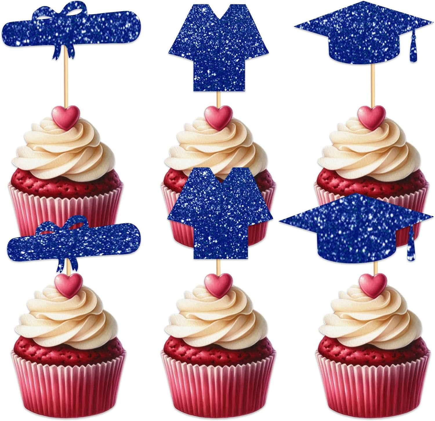 12Pcs Blue Glitter Graduation Cupcake Toppers, Graduation Cap Diploma ...