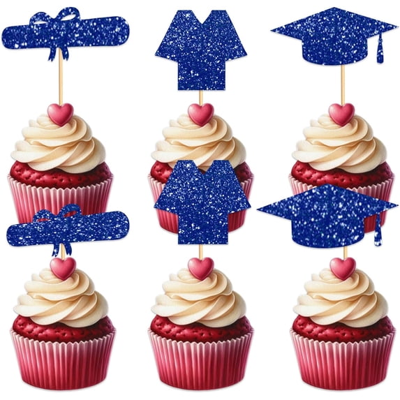 12Pcs Blue Glitter Graduation Cupcake Toppers, Graduation Cap Diploma ...
