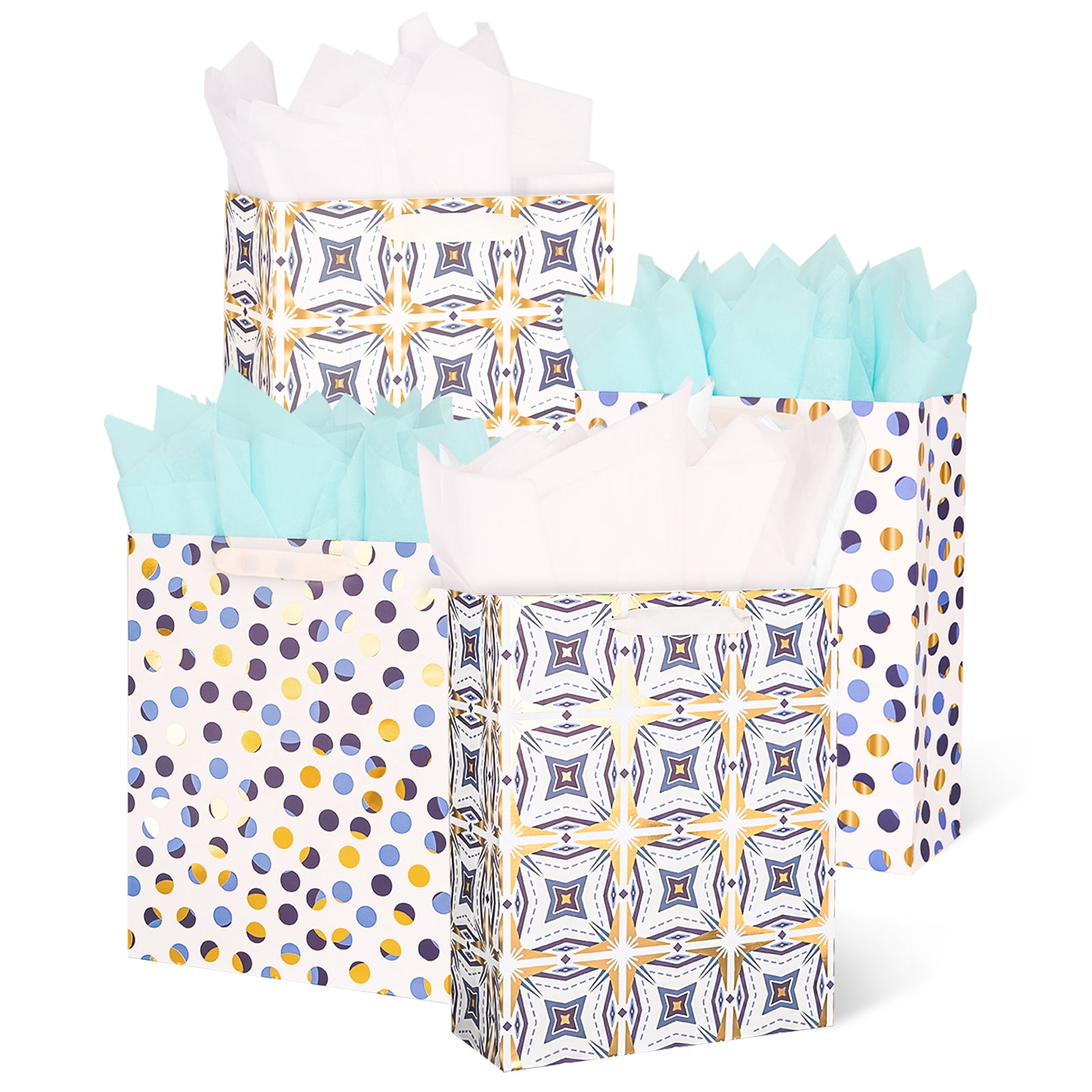 12Pcs Blue Metallic Gold Foil Polka Dot Diamond Paper Gift Bags Bulk ...