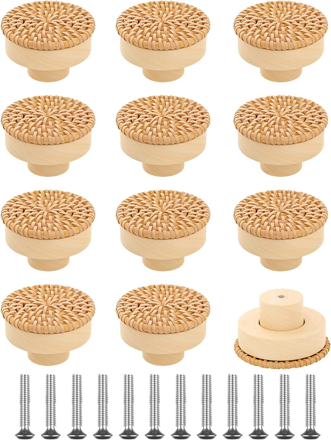 12Pcs Boho Rattan Dresser Knobs Pulls Handles 1.65" Diameter, Natural ...