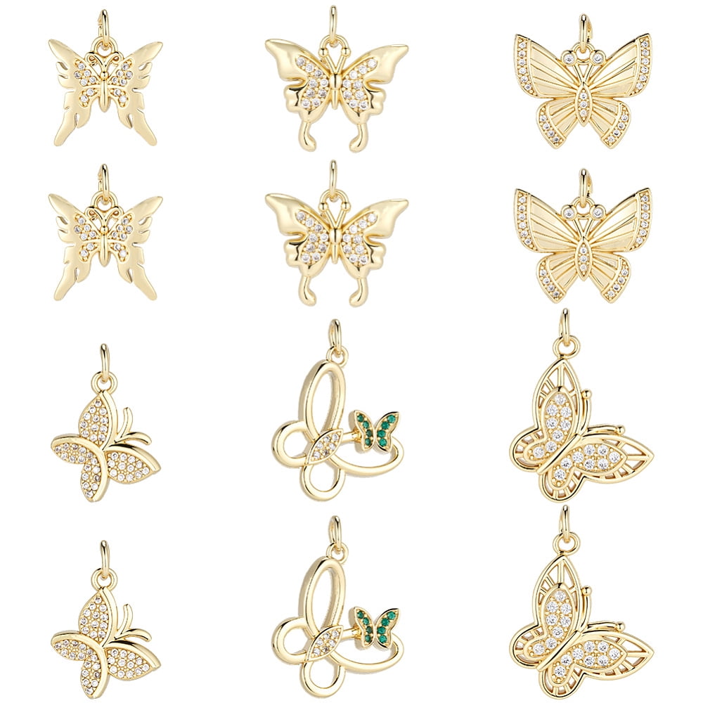 12Pcs Brass Micro Pave Clear Cubic Zirconia Pendants Butterfly Real 18K ...