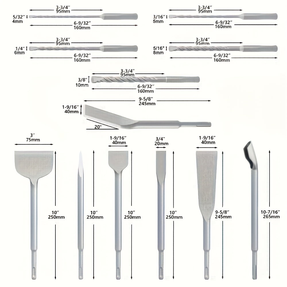 12Pcs Carbide SDS PLUS Chisel Set, SDS PLUS Drill Rotary Hammer Bits ...