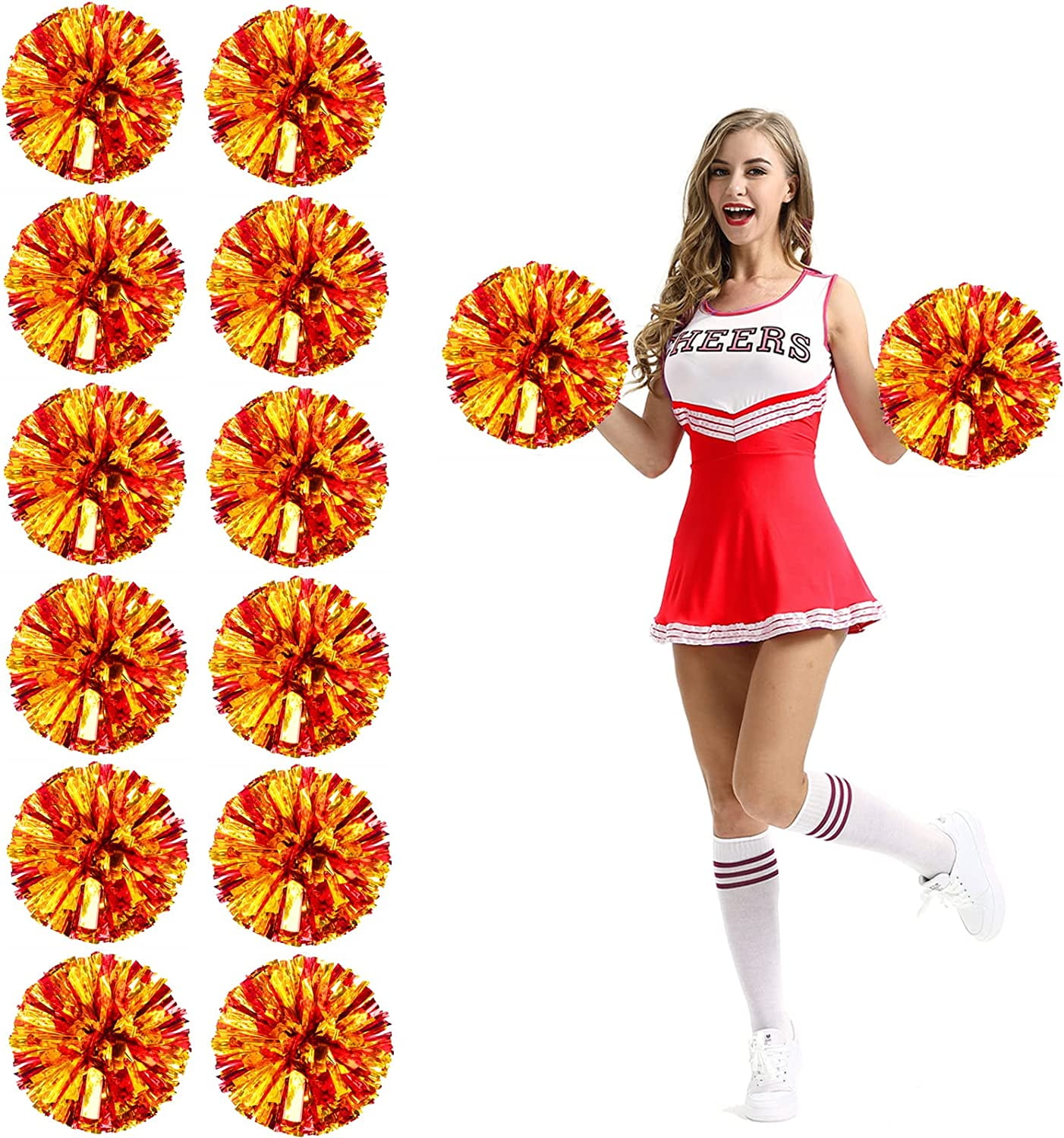 12Pcs Cheerleading Pom Poms with Finger Holes Metallic Foil Cheer Pom ...