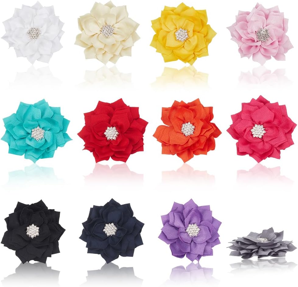 12Pcs Chiffon Rhinestone Flowers Ruffled Sew on Flat Back Fabric ...