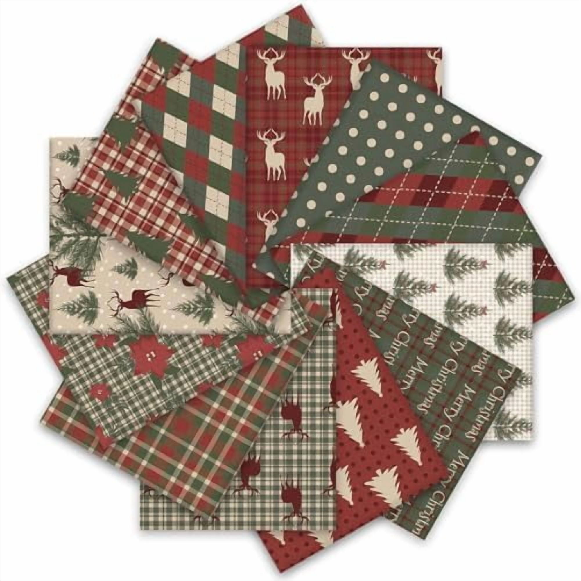 12Pcs Christmas Fabric Squares Woodland Poinsettia Reindeer Tree Cotton ...