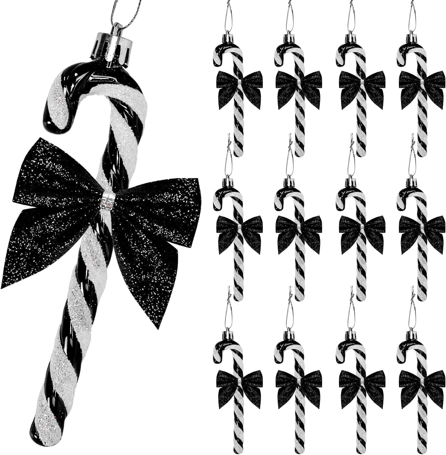 12Pcs Christmas Glitter Candy Cane with Bow Plastic Candy Cane ...