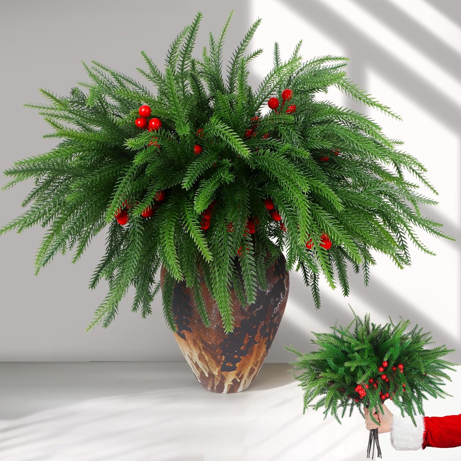 12Pcs Christmas Norfolk Pine Stems with Red Berries, Real Touch ...