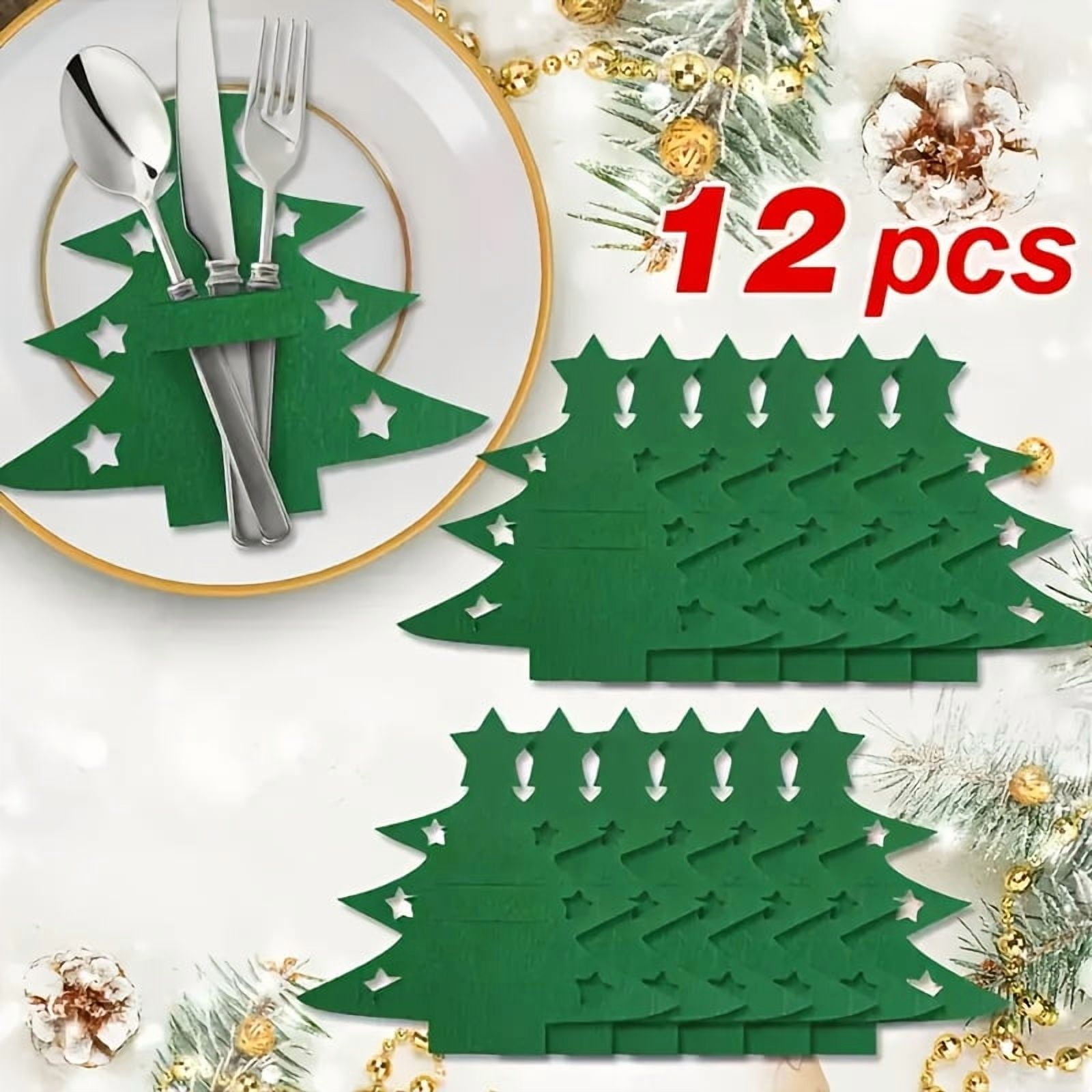 12Pcs Christmas Tree Shaped Felt Cutlery Mats With Stars Decor Durable ...