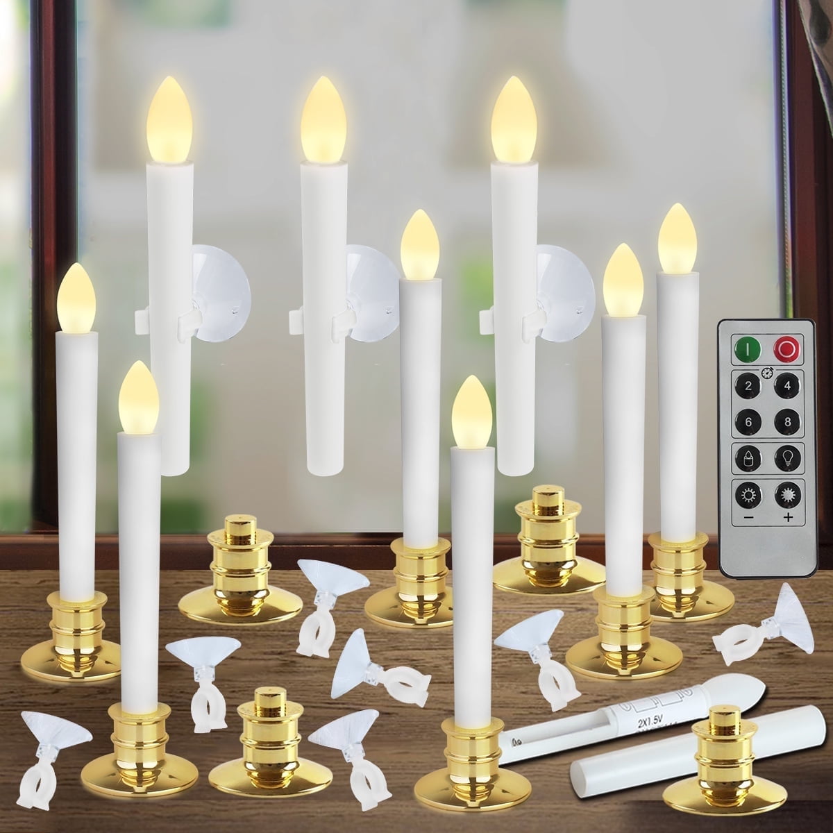 LED Christmas Window Candles Set of 12 - Gold Holders, Battery Operated ...