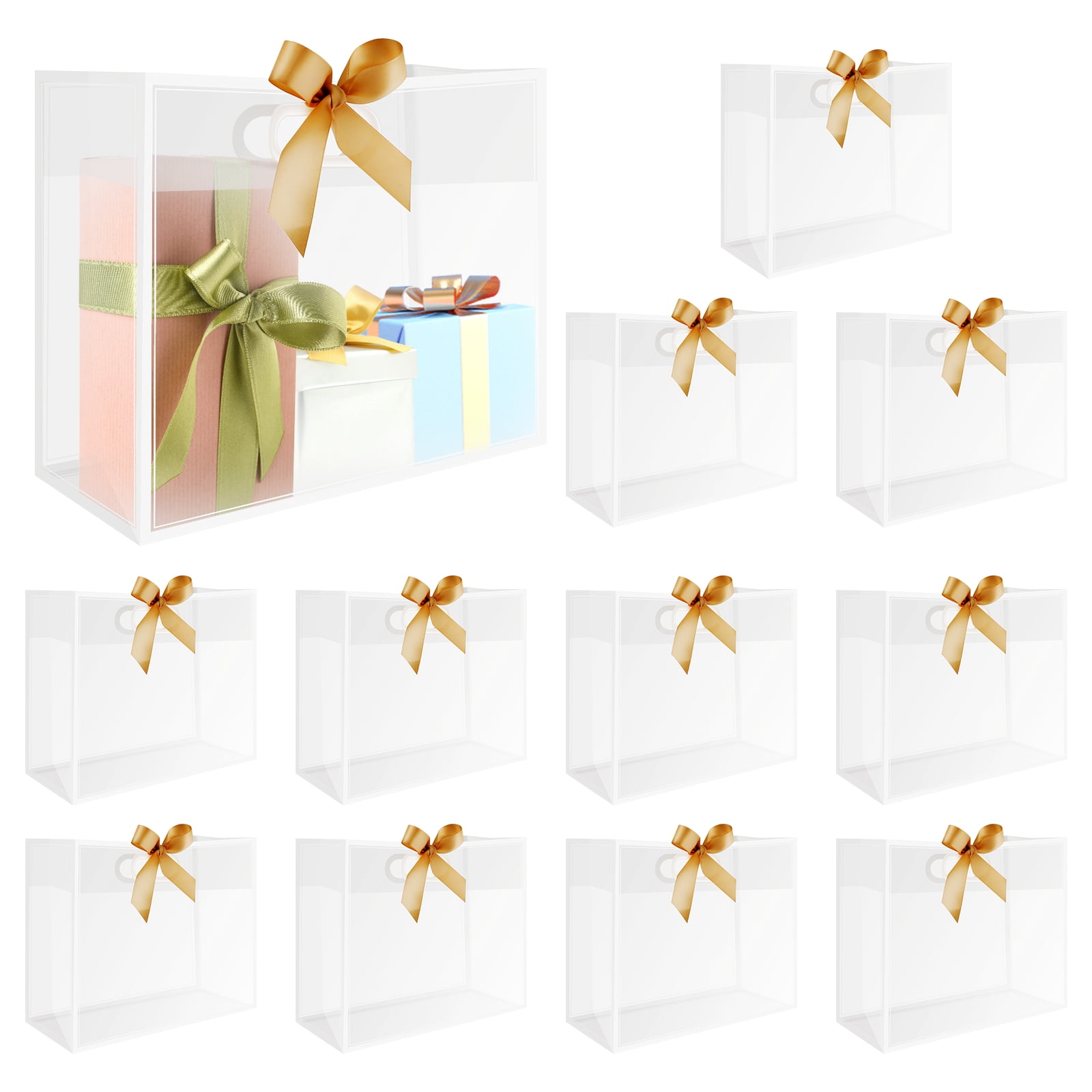 12Pcs Clear Present Bag with Ribbon Plastic Transparent Present Tote ...
