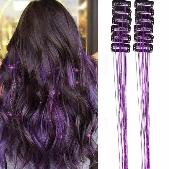 12Pcs Clip-In Glitter Hair Accents, 20.5 Inch Rainbow Synthetic Strands ...