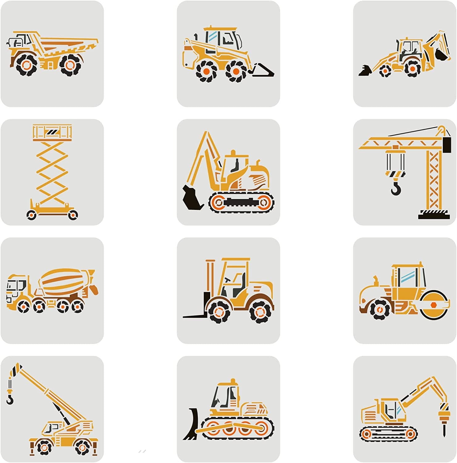 12Pcs Construction Vehicle Stencils 7.9x7.9 inch Reusable Truck ...