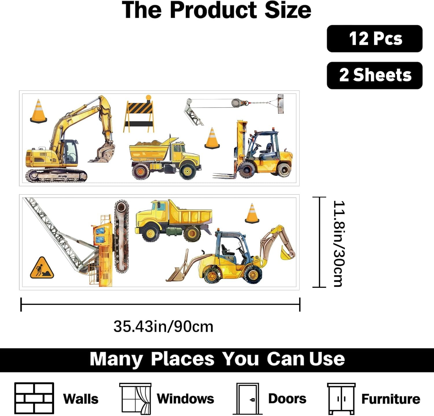 12Pcs Construction Vehicles Wall Decals Watercolor Excavator Crane ...