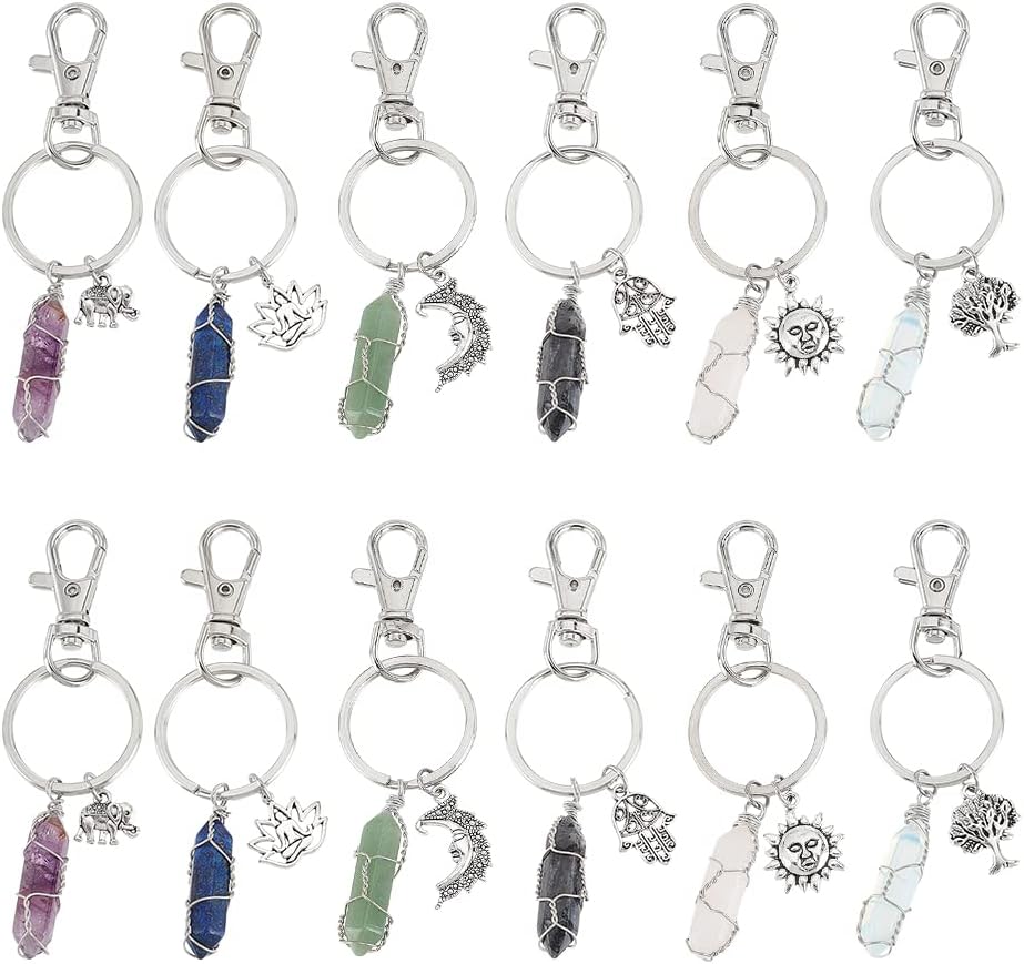12Pcs Crystal Keychain Hamsa Charm Natural Gemstone Copper Wire Wrapped ...