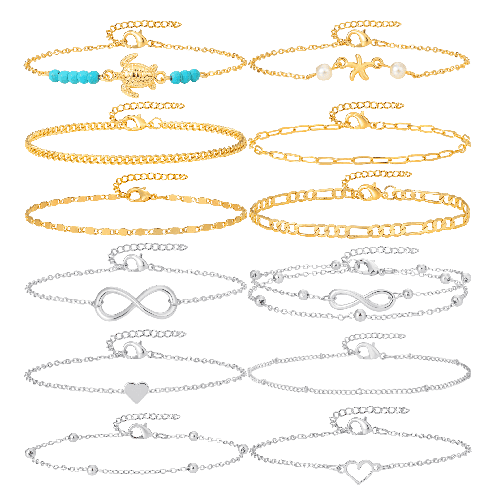 Starain 12Pcs Anklet Set, Beach Turtle Foot Chains, Dainty Gold Silver ...