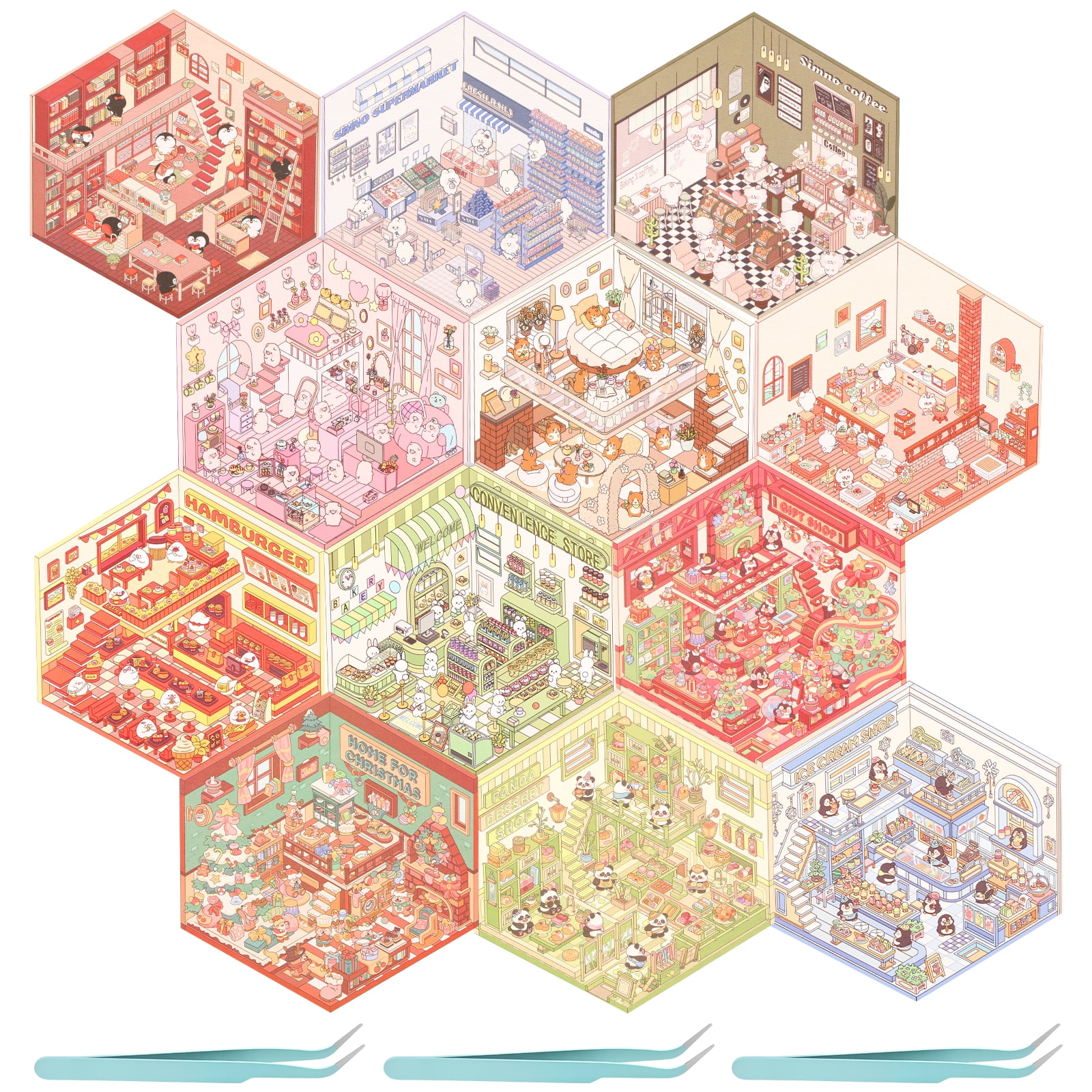 12Pcs DIY 3D House Stickers Set Reusable 3D Cartoon Scene Stickers ...