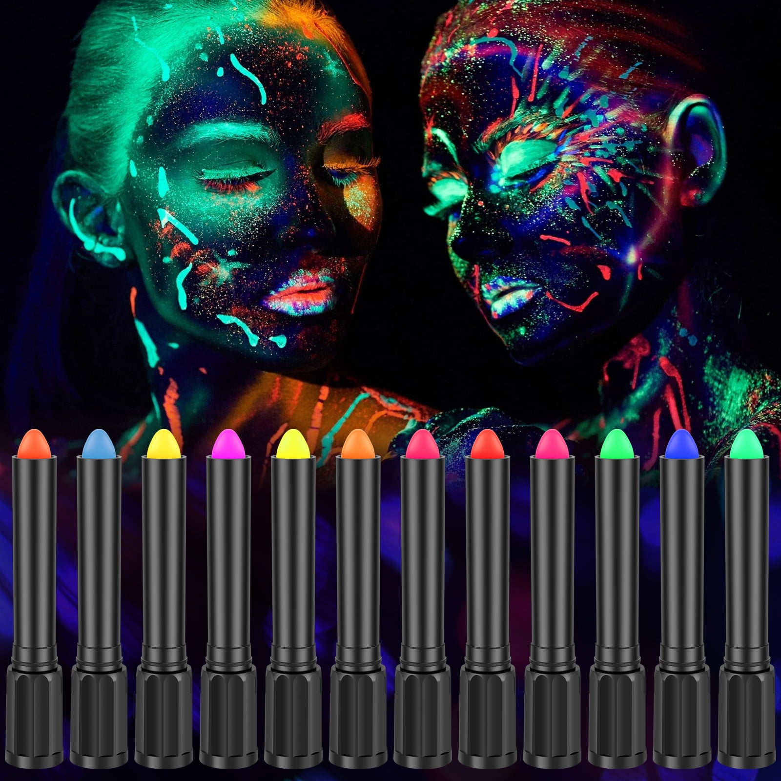 12Pcs Face Paint Crayons Set Safe Non-Toxic Glow In Dark Face Body Paint Washable Makeup Face ...