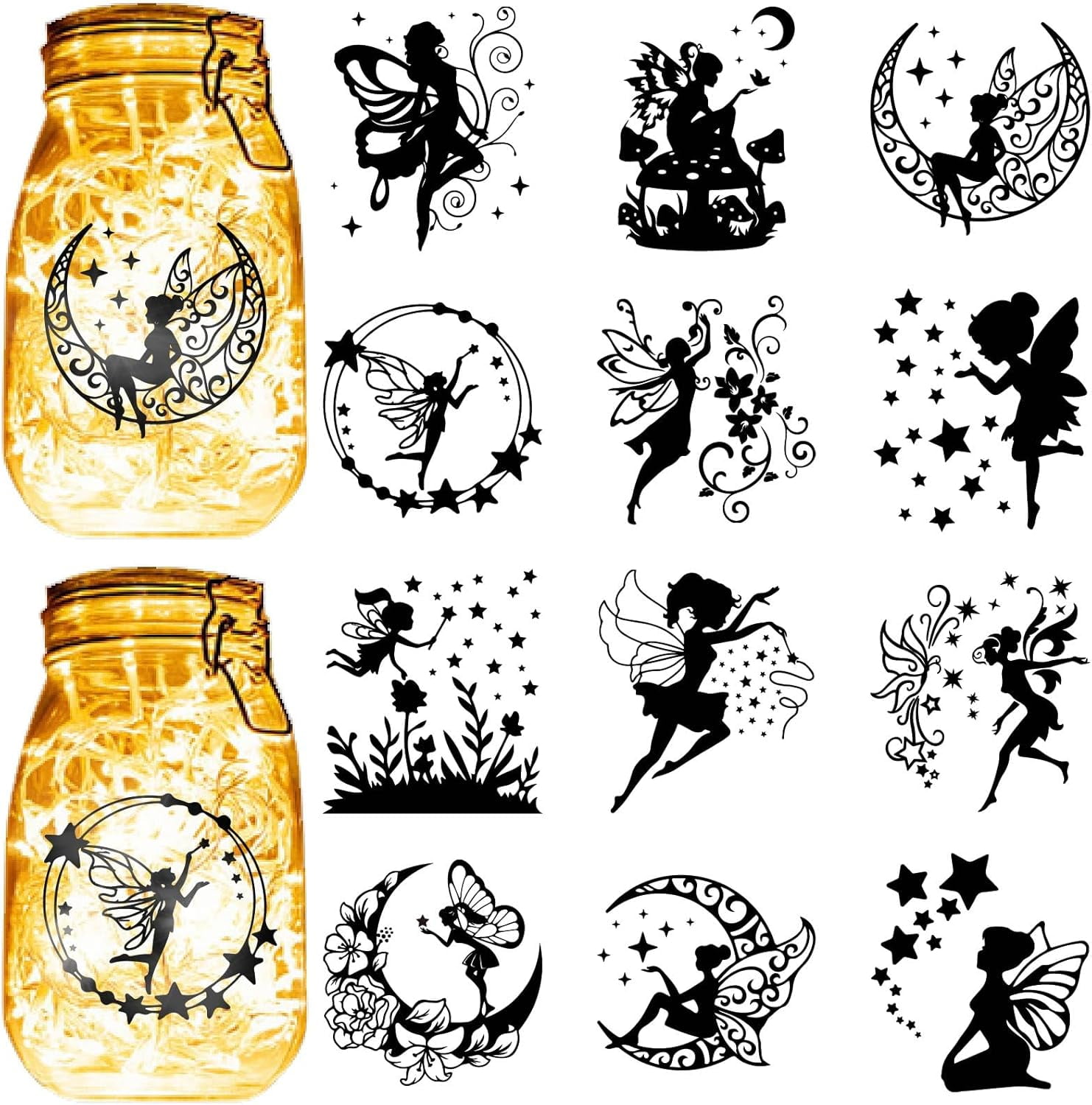 12Pcs Fairy Angel Silhouettes Mason Jar Decor Moon Star Laser Cut ...