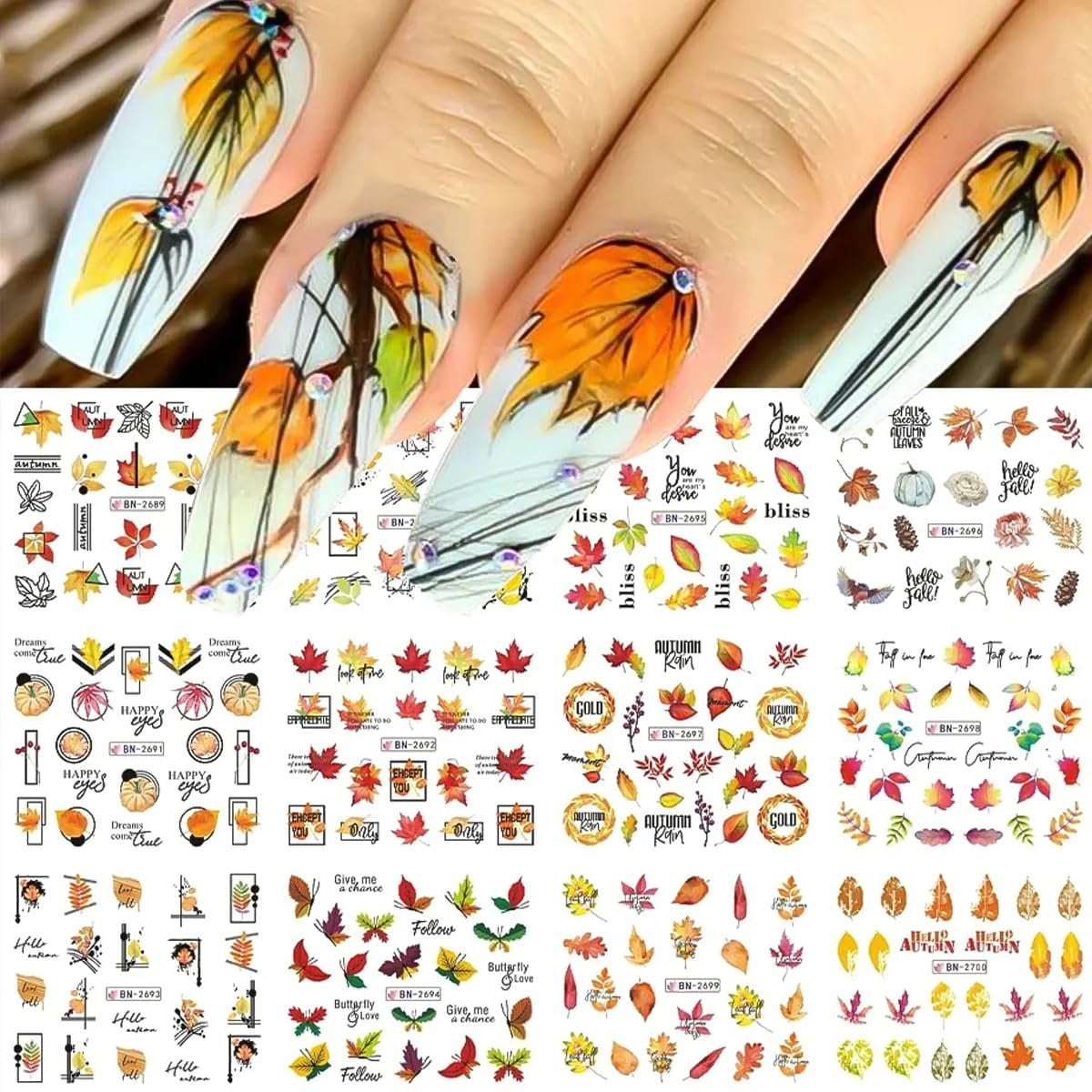 12pcs Fall Nail Stickers Maple Leaf Nail Water Decals Thanksgiving Day