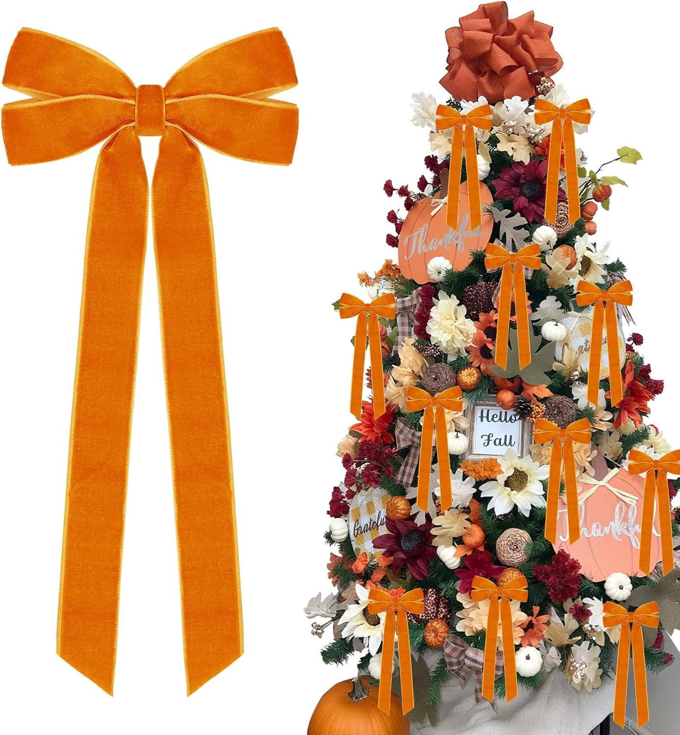 12Pcs Fall Velvet Ribbon Bows Tree Decorations,5in x 10in Orange ...