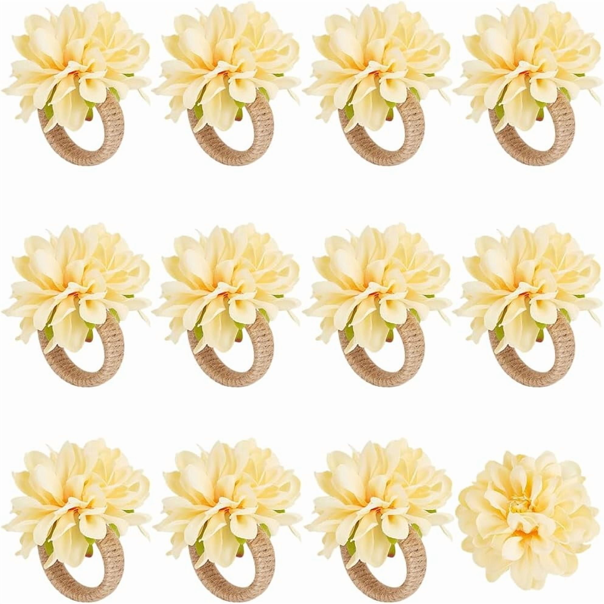 12Pcs Floral Napkin Rings Flower Napkin Ring Jute Cord Polyester Yellow ...