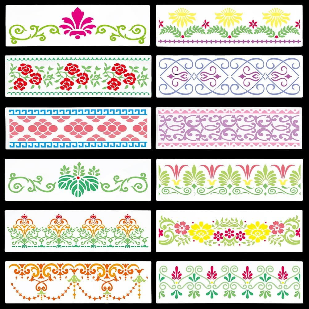 12Pcs Flower Border Line Stencil Leaves Vine Templates Floral Edge ...