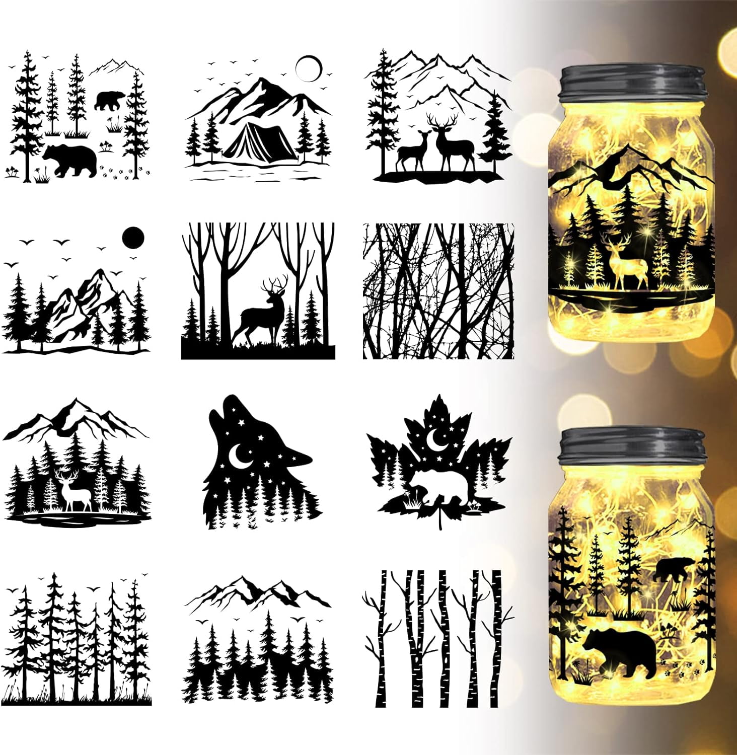 12Pcs Forest Animals Silhouette Jar Cutouts Cutout Paper Window Cutout ...