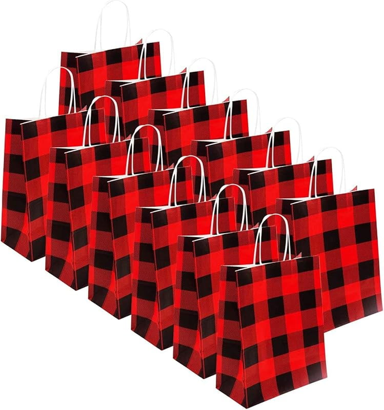 12Pcs Gift Bags White and Black Buffalo Plaid Kraft Paper Bags with ...