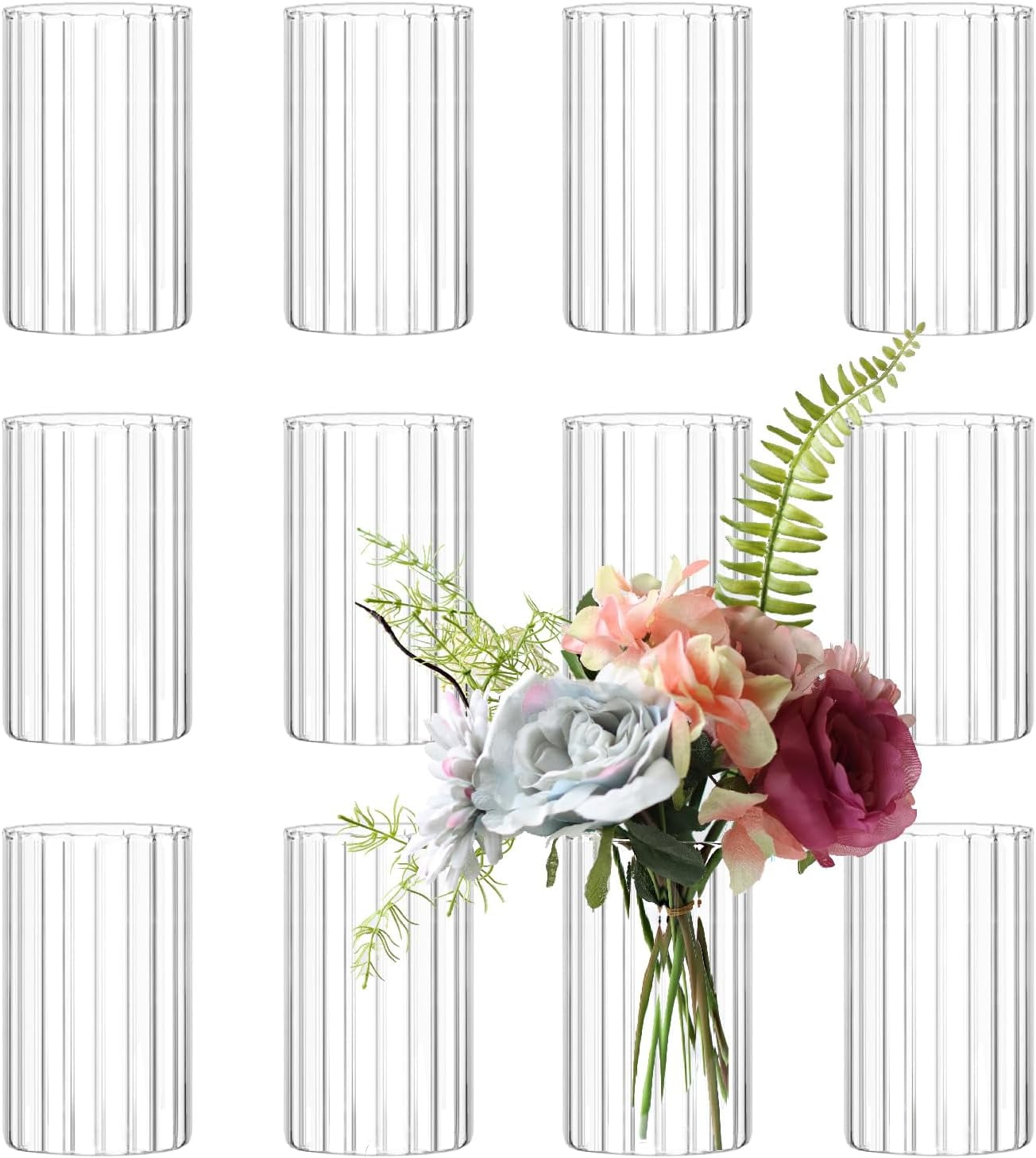 12Pcs Glass Cylinder vases for Centerpieces, 6 Inches Clear Ribbed Bud ...