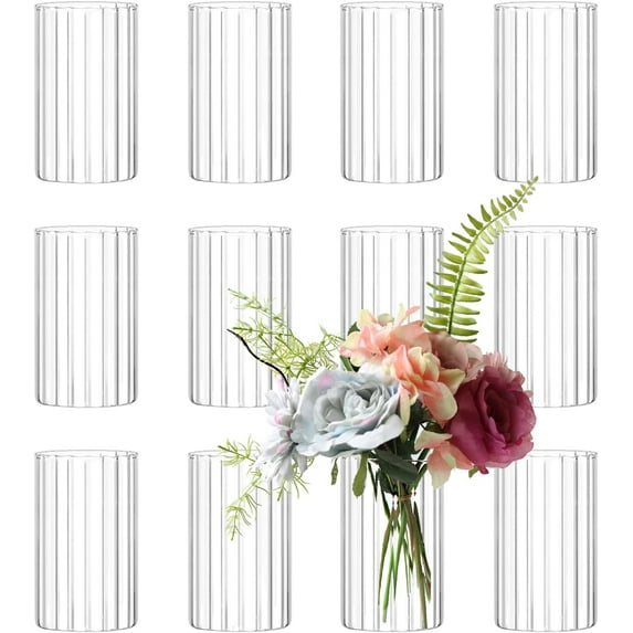 12Pcs Glass Cylinder vases for Centerpieces, 6 Inches Clear Ribbed Bud ...