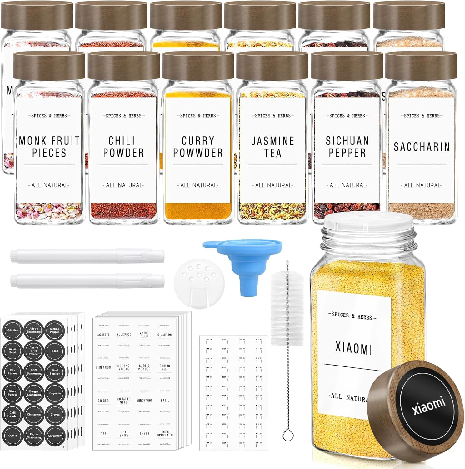 12Pcs Glass Spice Jars with Acacia Wood Lids, 4 oz Square Seasoning ...