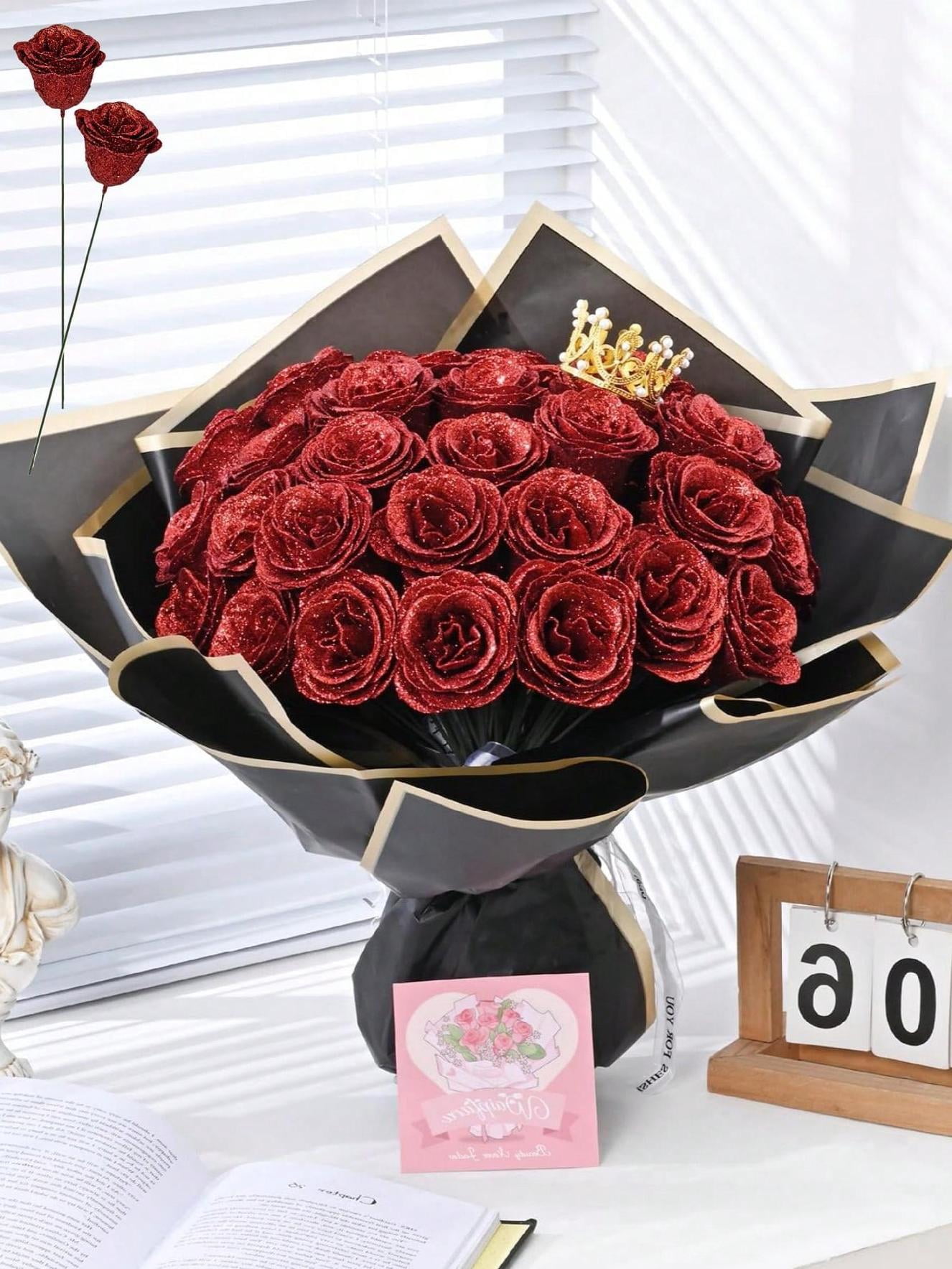 12Pcs Glitter Roses Bouquet DIY Everlasting Shiny Artificial Rose ...