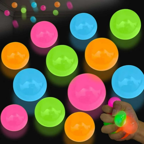 12Pcs Glow in The Dark Sticky Balls Toys, Upgraded Glowing Sensory Balls Stick to The Ceiling ...