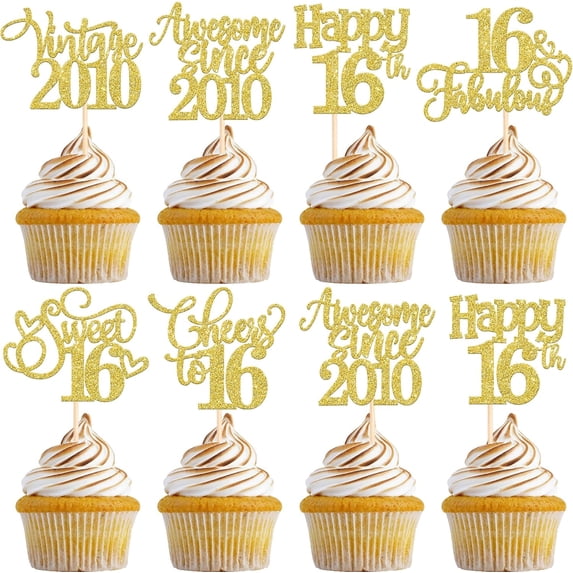 12Pcs Gold Glitter 16th Birthday Cupcake Toppers, Vintage 2010 Sweet 16 ...