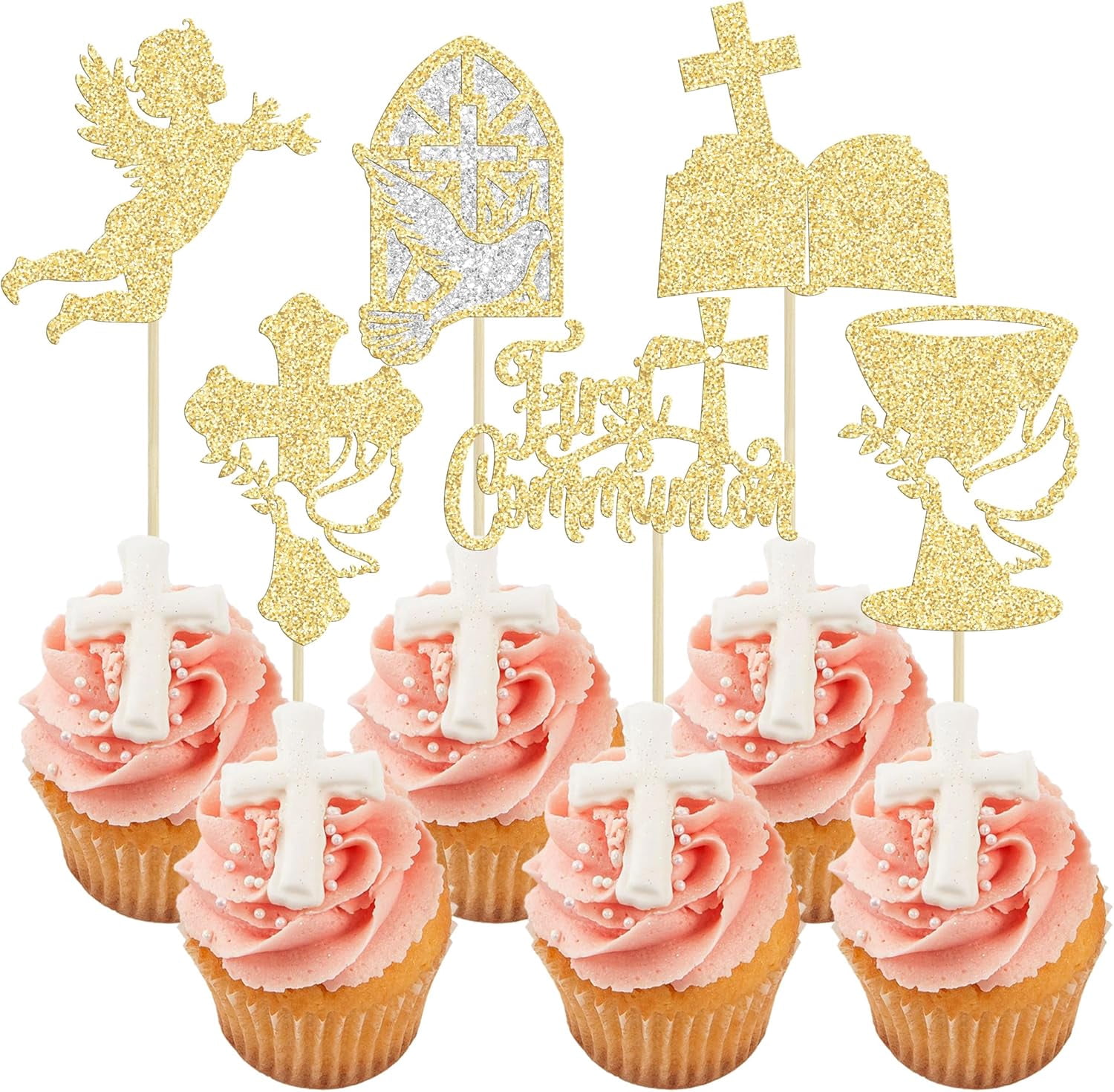 12Pcs Gold Glitter First Communion Cupcake Toppers, Themed Cake Picks ...