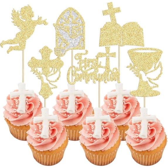 12Pcs Gold Glitter First Communion Cupcake Toppers, Themed Cake Picks ...